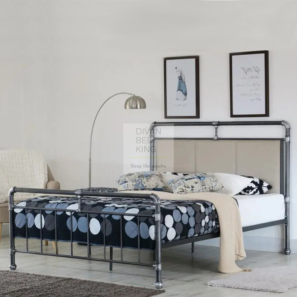 Majesty Grey Scaffold Industrial Metal Bed Frame with Padded Beige Hea Divan Bed King
