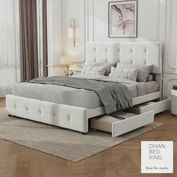 Serava 4ft6 Double Biege Plush Velvet 4 Drawer Bed with Adjustable Hea Divan Bed King