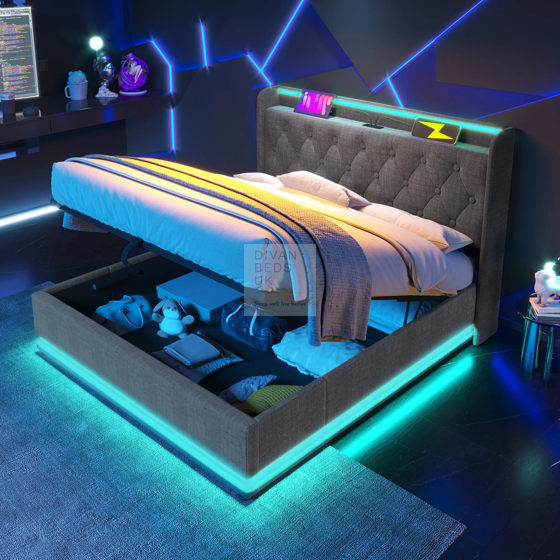 Turin Grey Linen Ottoman Storage Bed with LED Lights, Type C and USB C ...