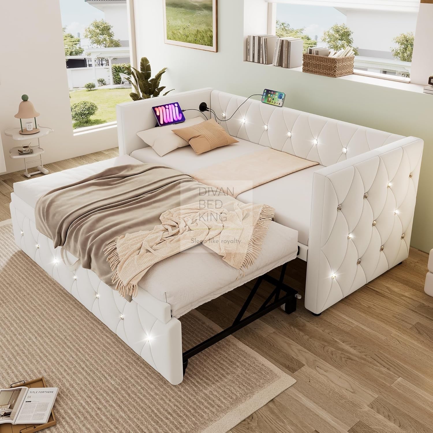 Taranto Beige Velvet Diamante Crystal Smart Daybed Sofa Bed Couch with ...