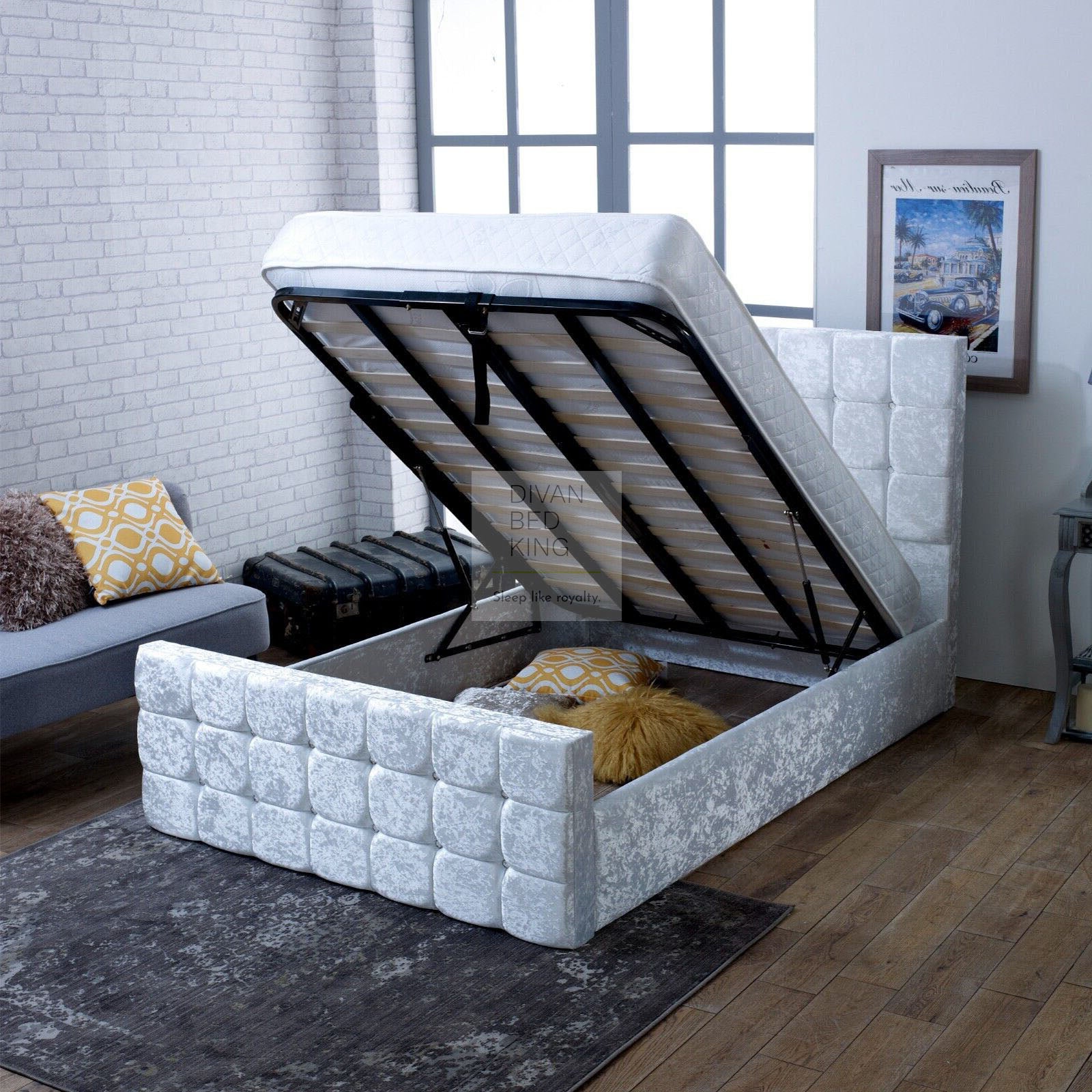 Leya Cube Headboard End Lift Ottoman Storage Bed Frame Divan Bed King