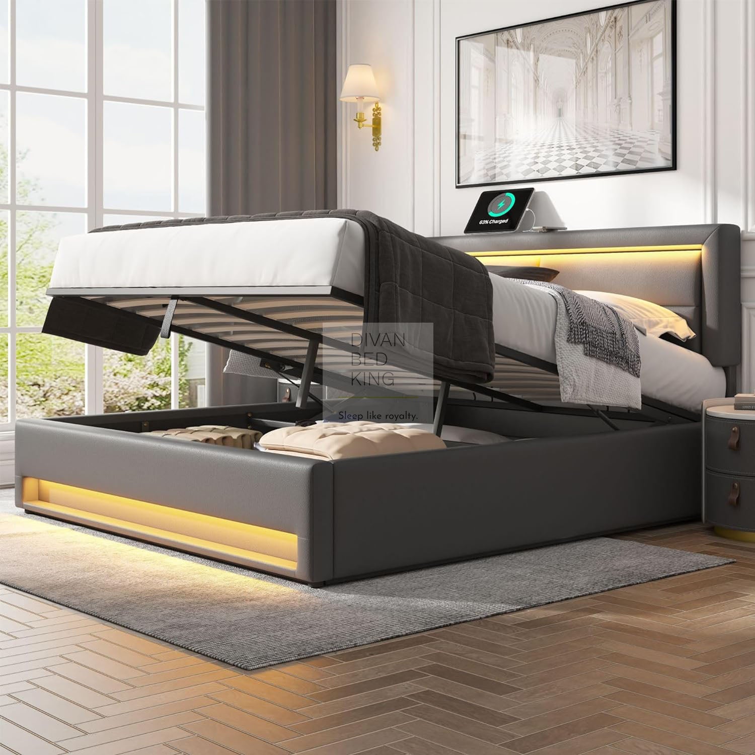 Iris Grey Leather Smart Ottoman Bed with LED Lighting, Type C, USB and ...