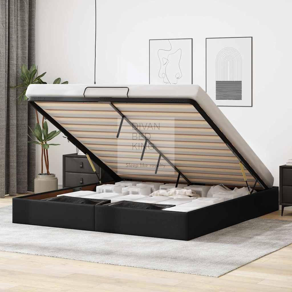 Milani Black Leather Ottoman Gas Lift Storage Bed Base – Divan Bed King