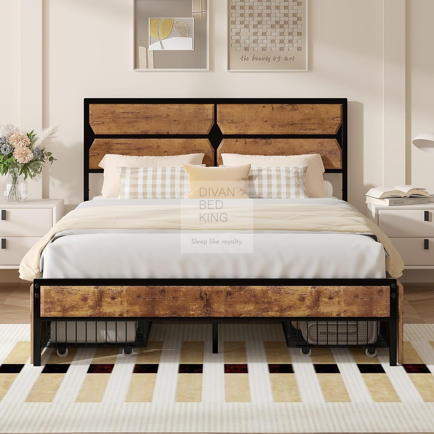 Horatio Metal Bed Rustic Wood with 4 Drawers for Underbed Storage Spac ...