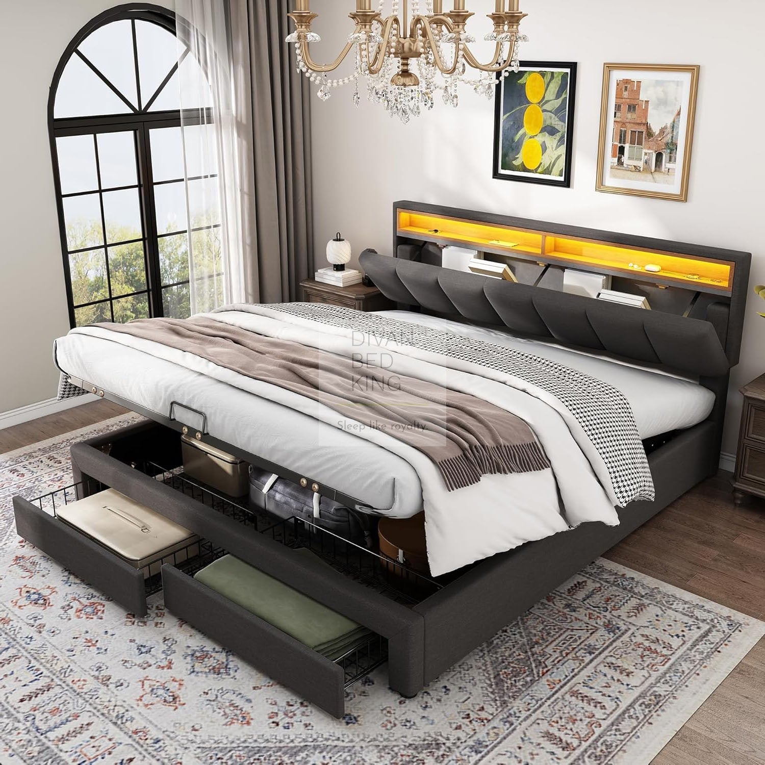 Aarya Charcoal Grey Linen 2 Drawer Ottoman Storage Bed with LED Lights ...