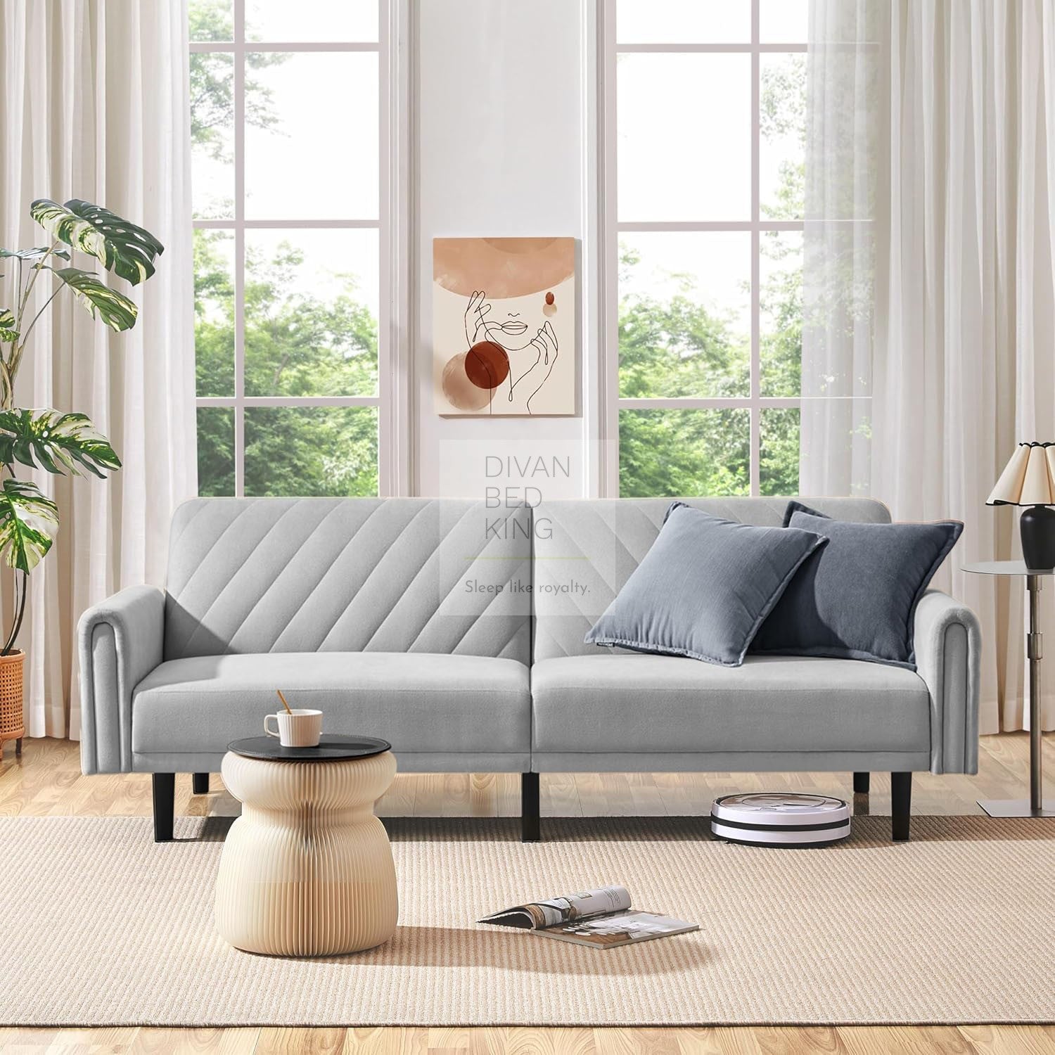 Lucca Soft Grey Silver Brushed Cotton 2 in 1 Convertible Daybed 3 Seat ...