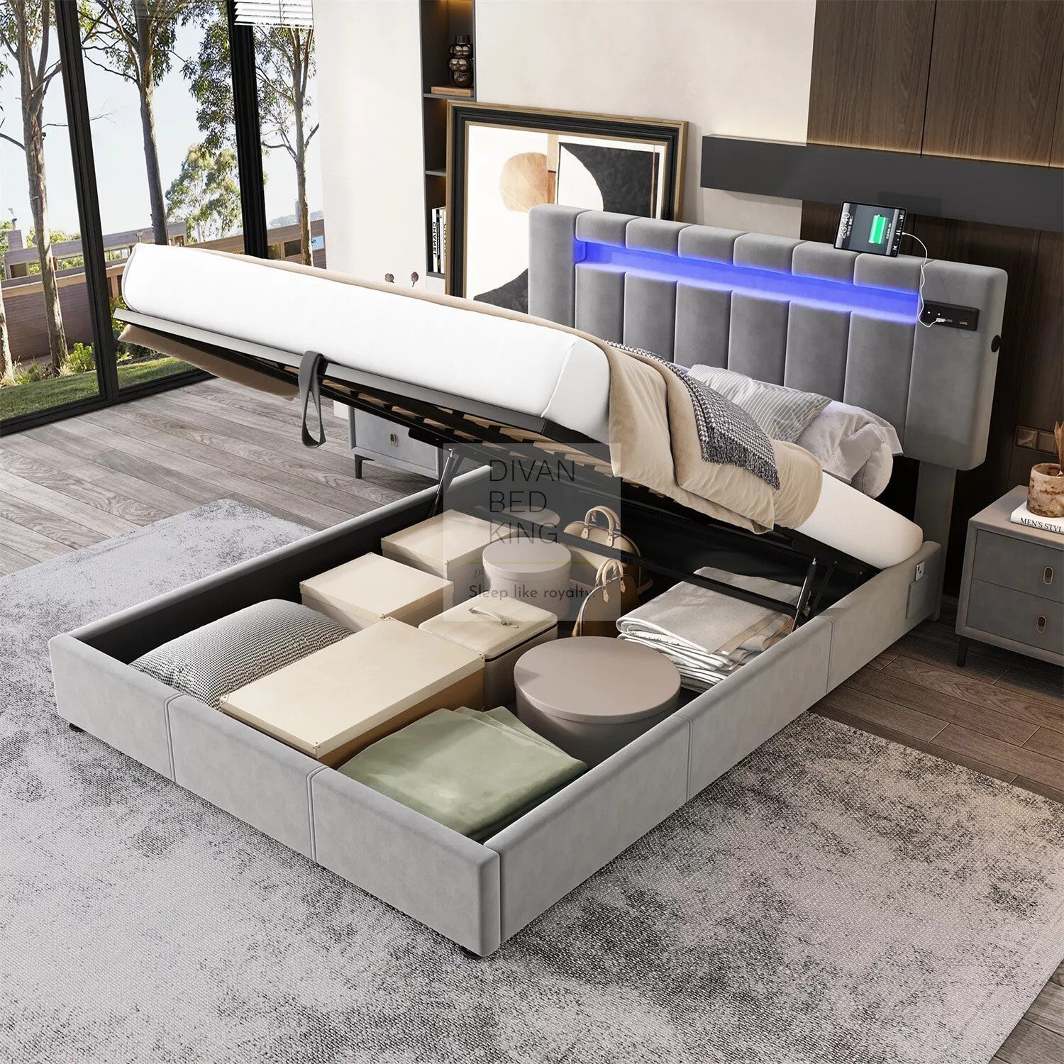 Sierra LED Grey Ottoman Storage Bed with Bluetooth Speakers & USB Port ...
