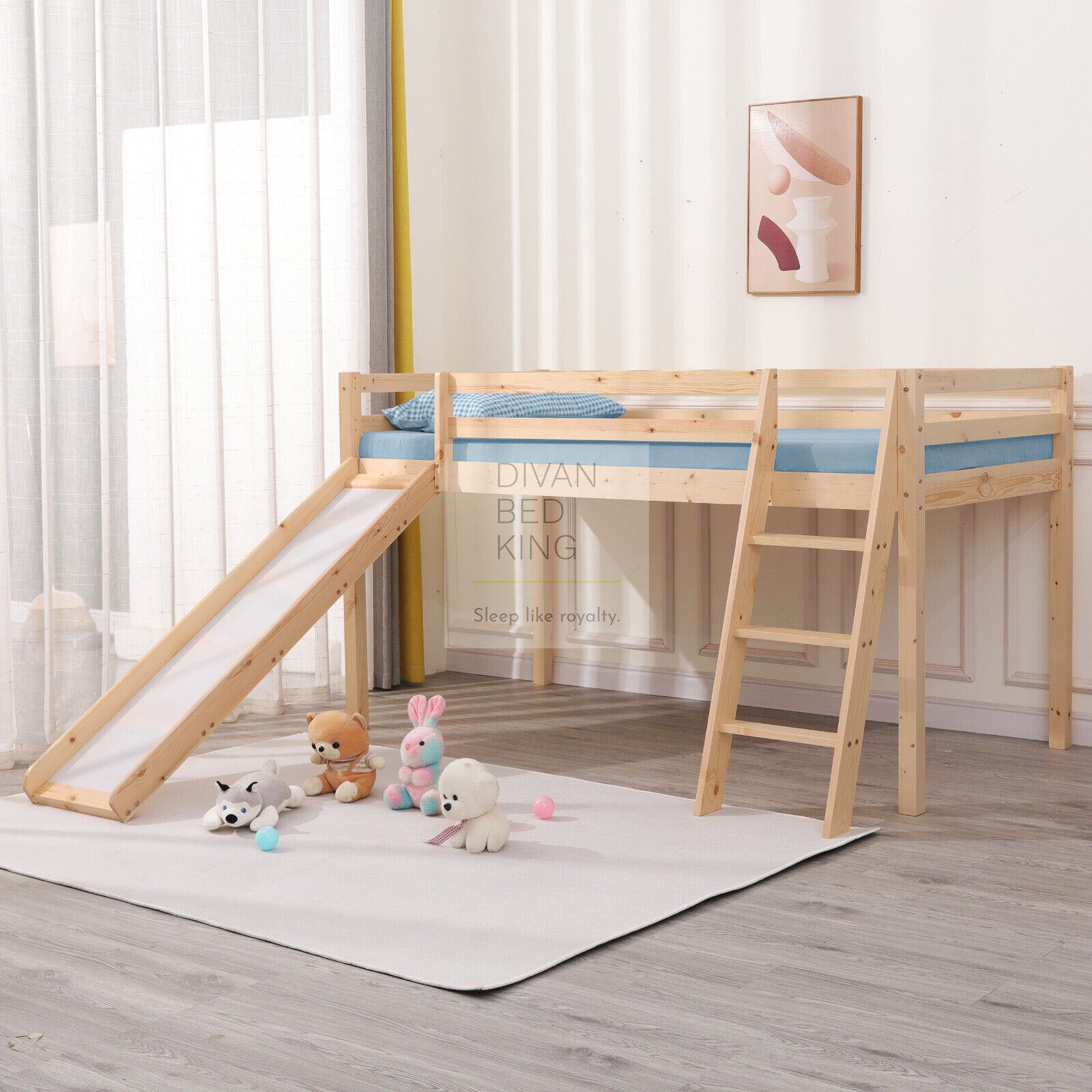 Timothy Slide Kids Pine Wooden Mid Sleeper Cabin Bunk Bed with Ladder Divan Bed King
