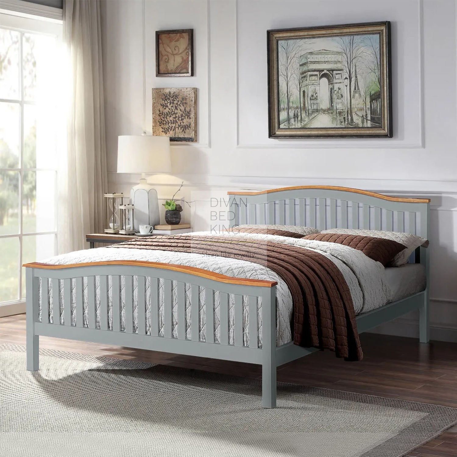 Wadsworth Grey and Oak Wooden Bed with Drawer Options – Divan Bed King