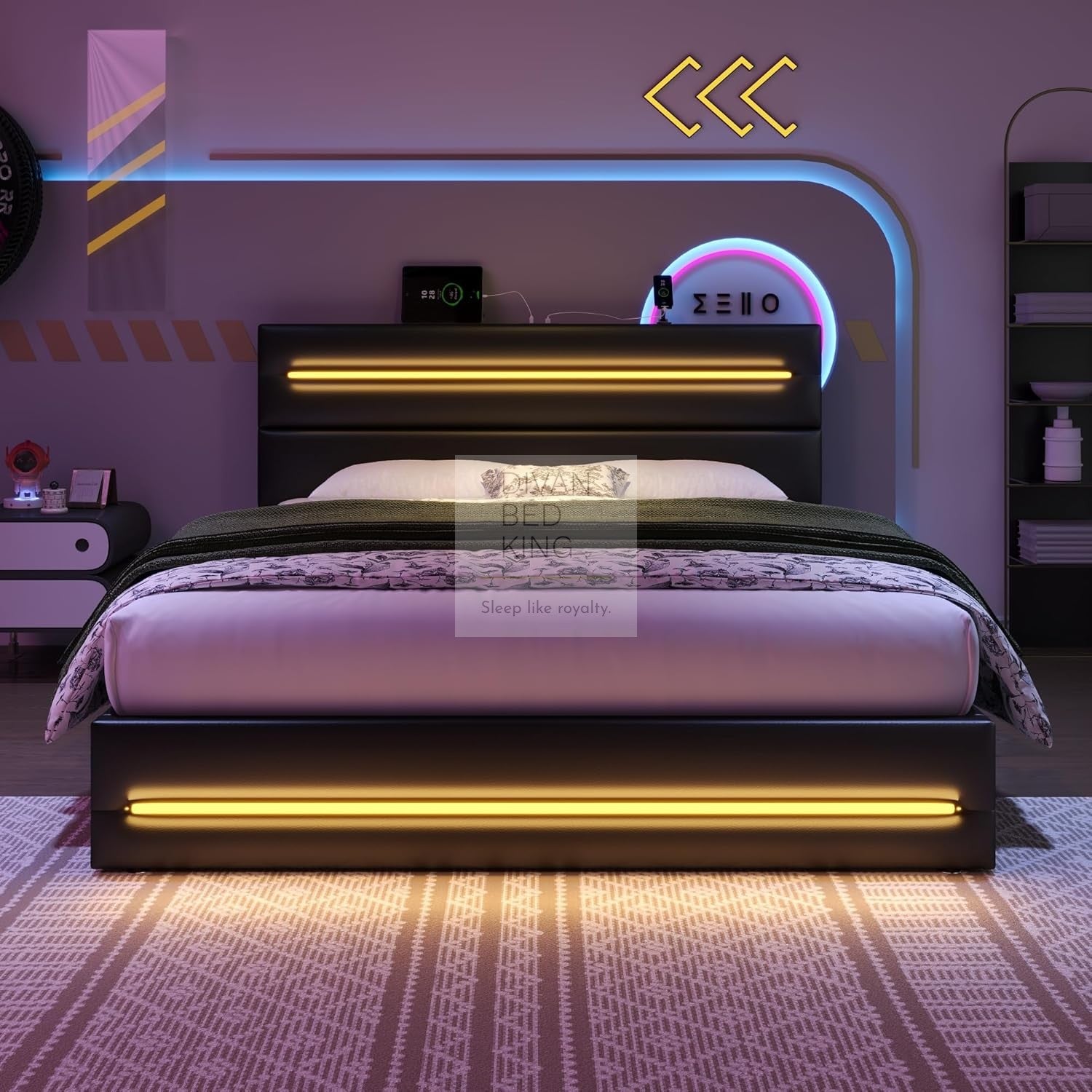 Desulo Black Leather Smart Ottoman Bed with LED Lighting, Type C, and ...
