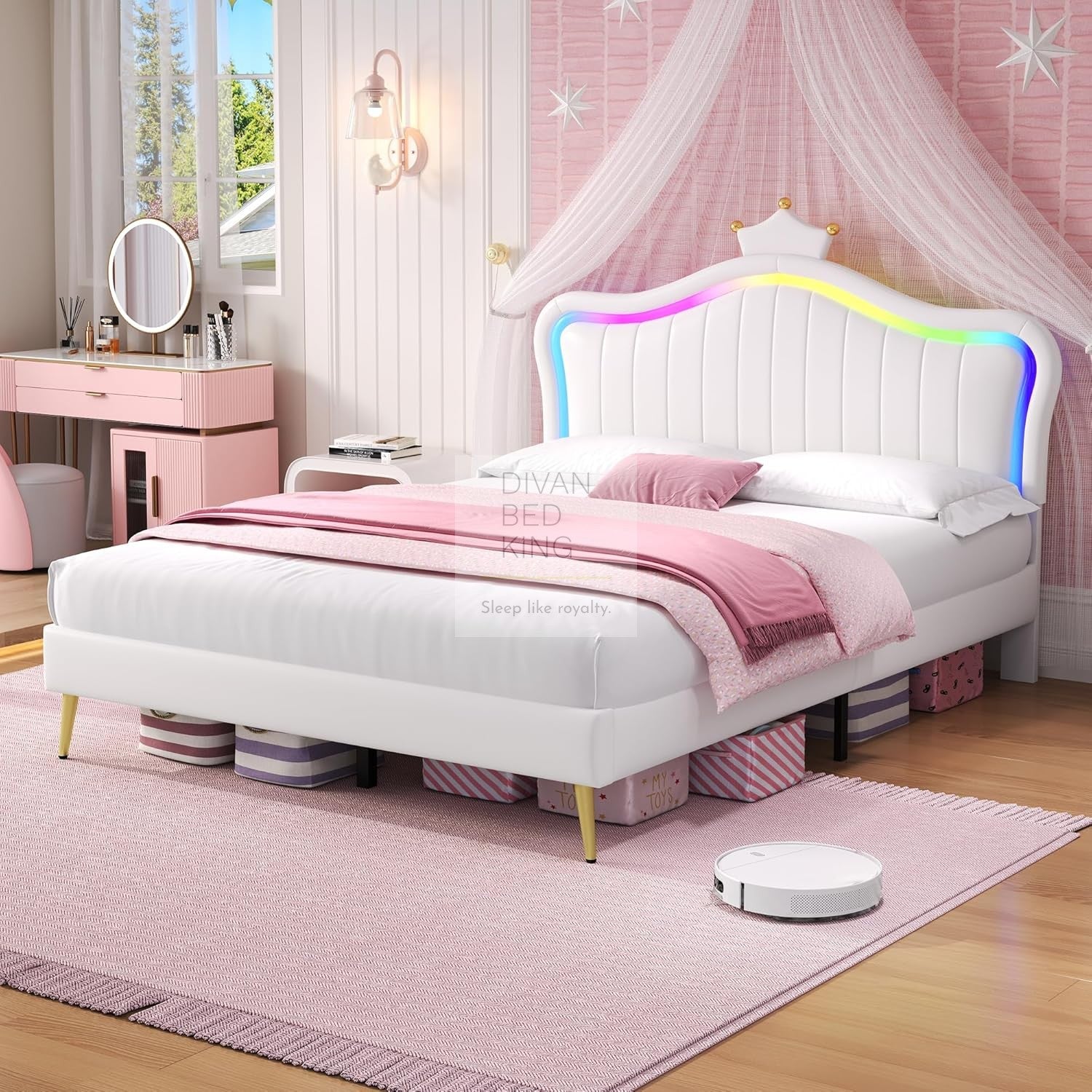 Princess Italian White Leather Modern LED Smart Bed with Adjustable He ...