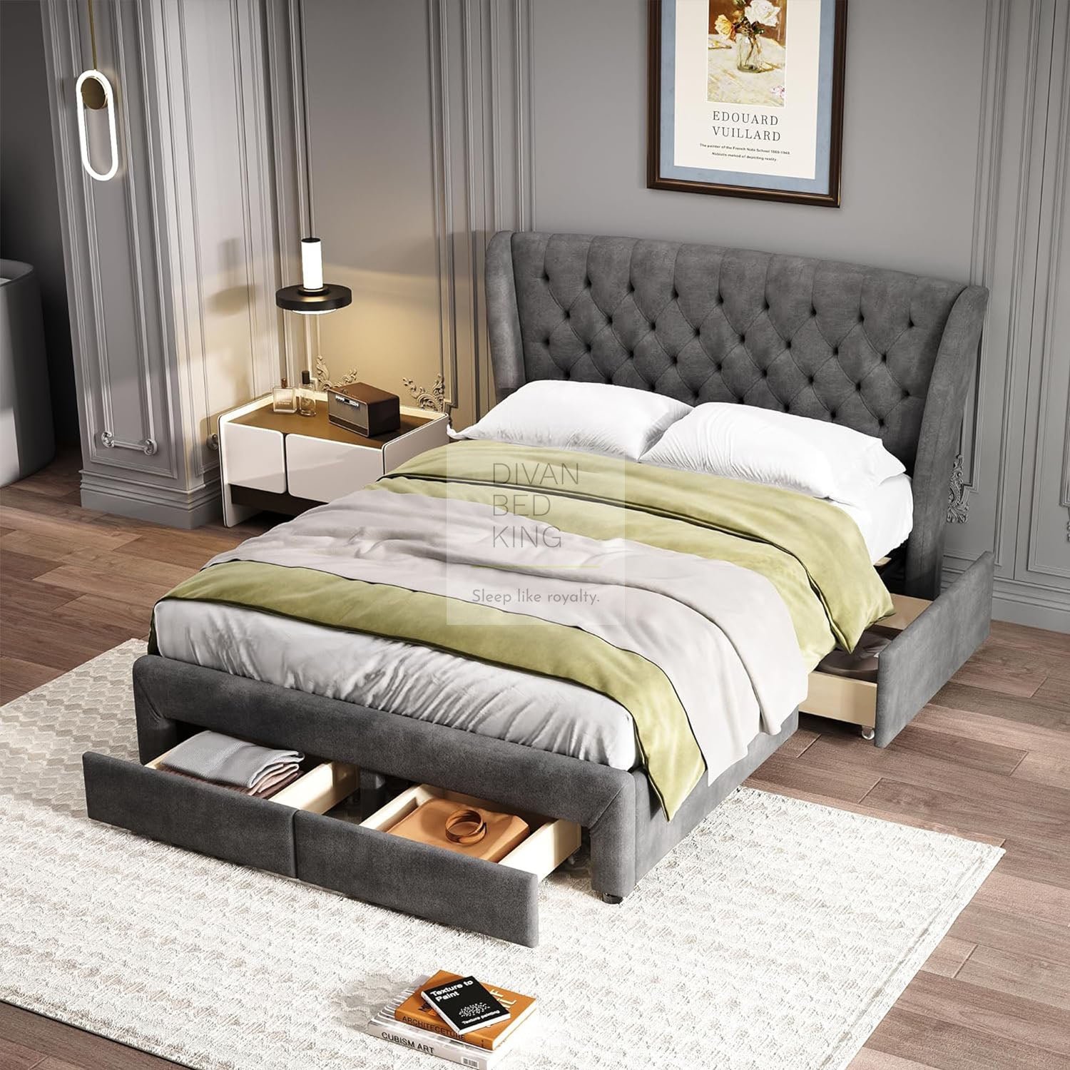 Cipriana Soft Grey Velour Upholstered Wingback Bed with 4 Drawers ...