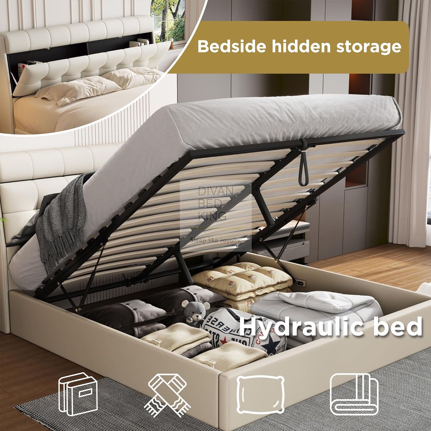 Carmine Cream Beige Leather Ottoman Storage Bed with Headboard Storage Divan Bed King
