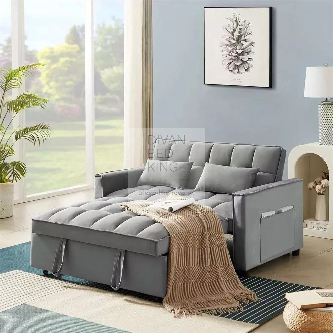 Bolzano Grey Plush Velvet 2 in 1 Convertible 2 Seater Daybed Sofa Bed ...
