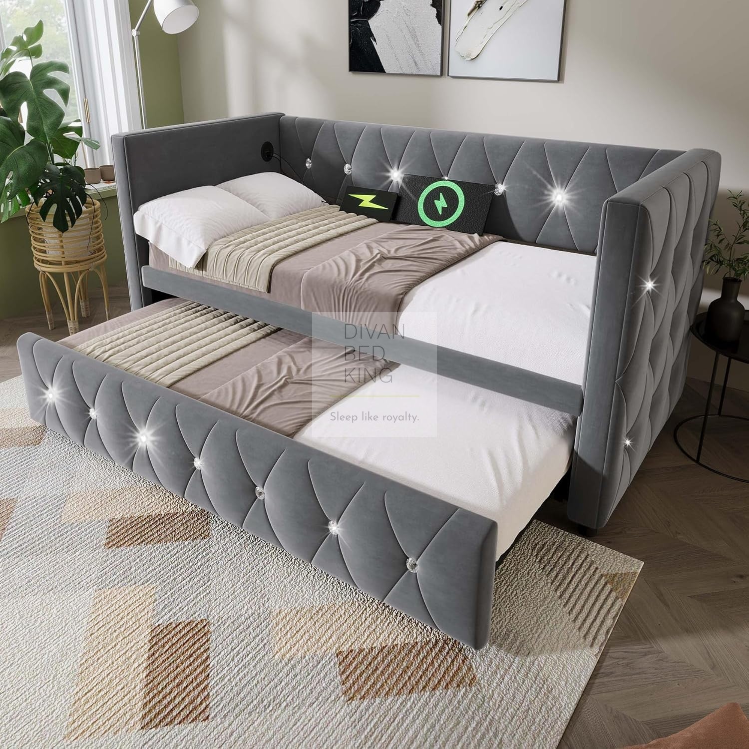 Taranto Grey Velvet Diamante Crystal Smart Daybed Sofa Bed Couch with ...