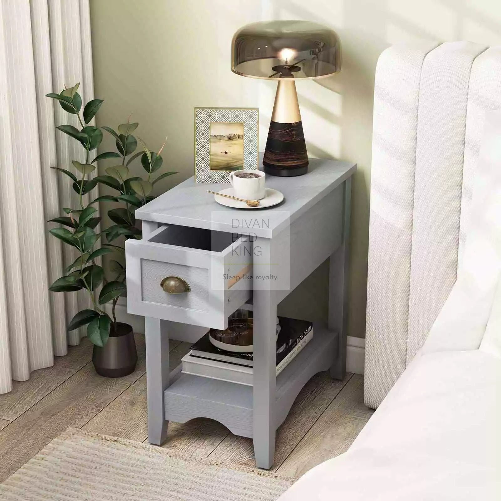 Reginald Grey 1 Drawer Compact Bedside Table with Shelf – Divan Bed King