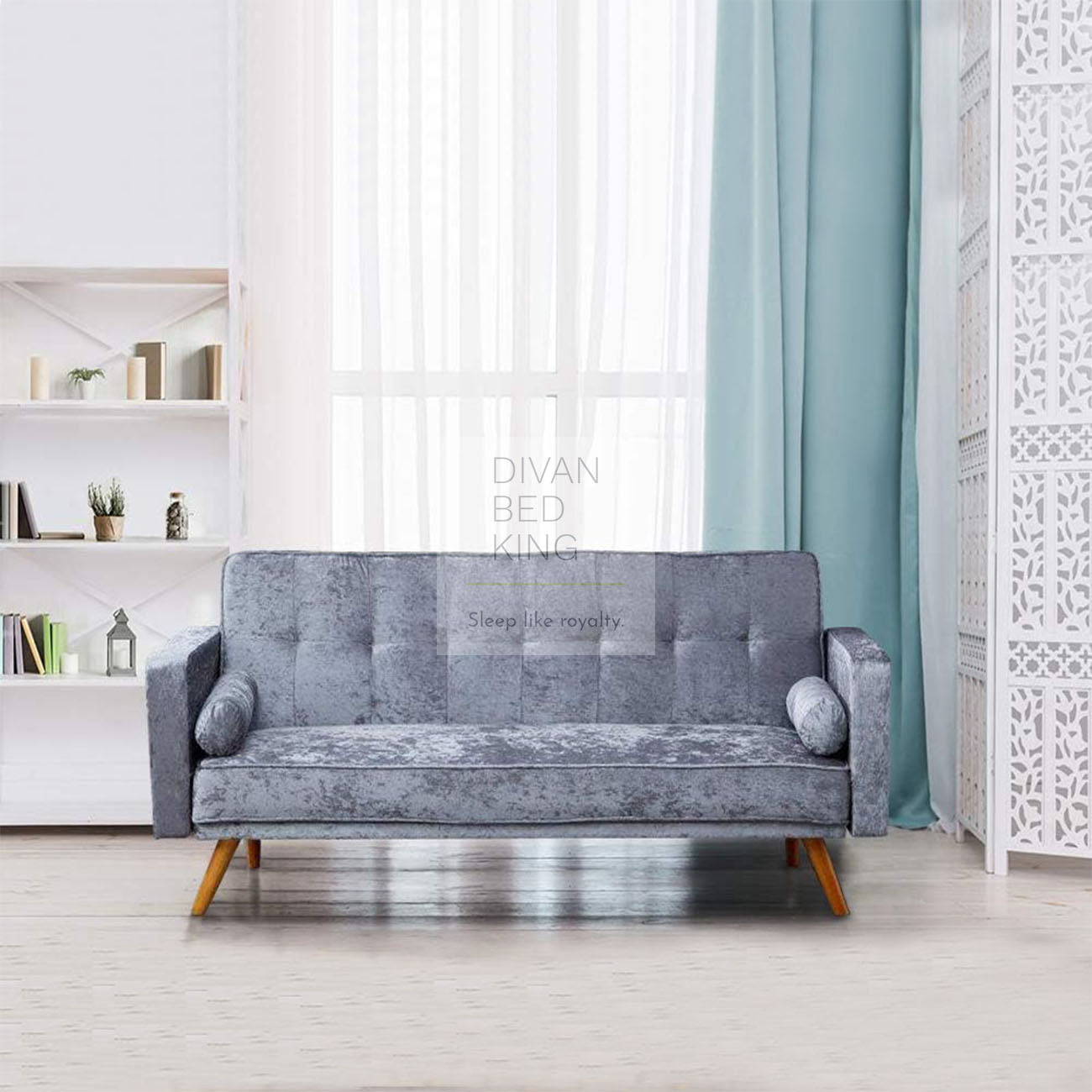 Amos Grey Crushed Velvet 3 Seater Sofa Bed Couch with Pillows – Divan ...