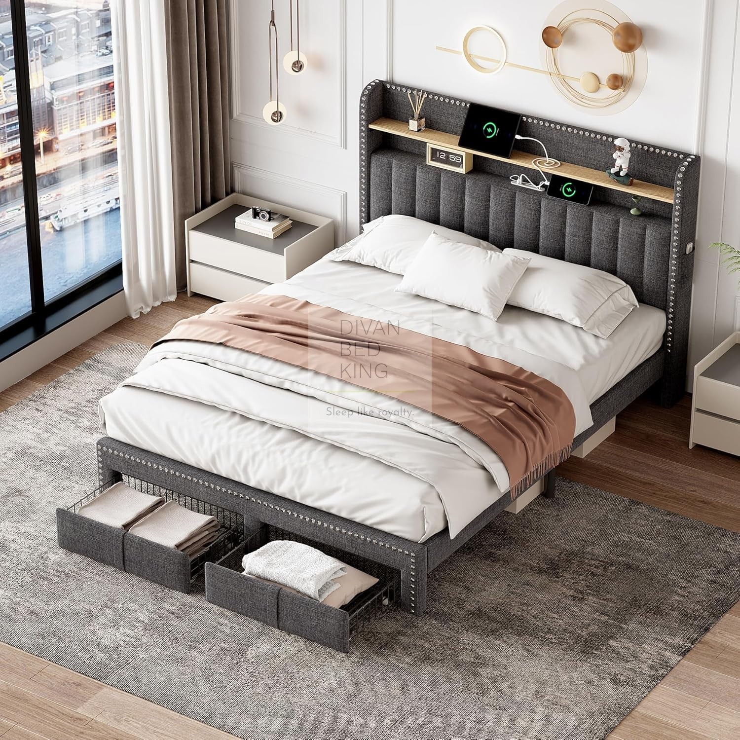 Elinor 2 Drawer Charcoal Linen Bed with LED Lighting, Type C and USB C ...