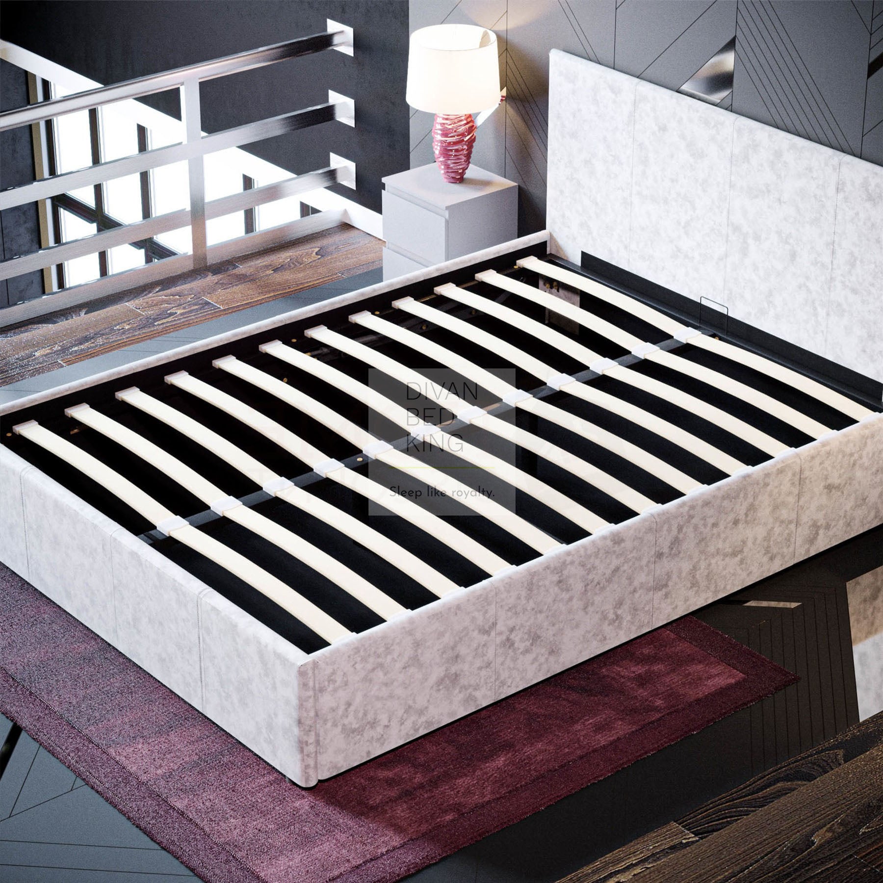 Ramona Silver Crushed Velvet Ottoman End Lift Storage Bed Frame Divan Bed King