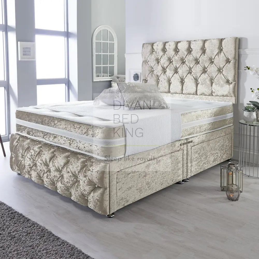 Caspian Cream Crushed Velvet Divan with Airflow Spring Memory Mattress ...