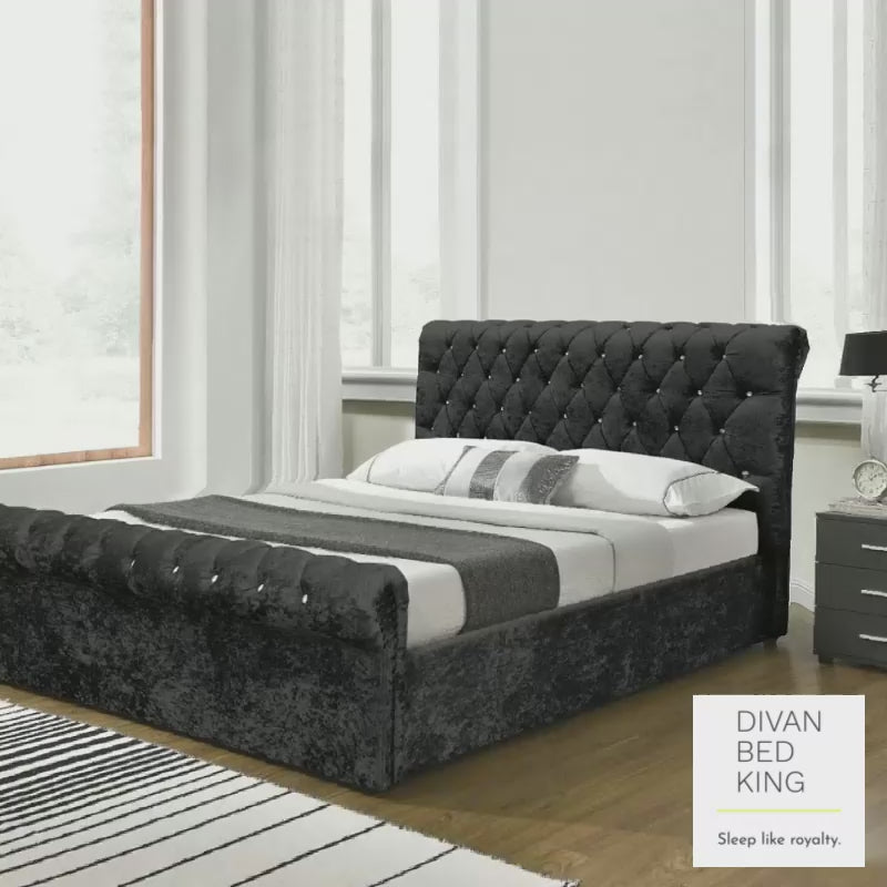 Avernus Crushed Velvet Ottoman Scroll Sleigh Bed Frame – Divan Bed King