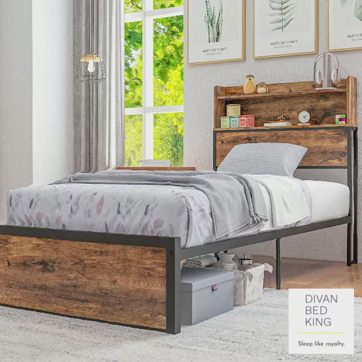 Henry Kids Metal Divan Bed with Headboard Storage, Shelves & Optional ...