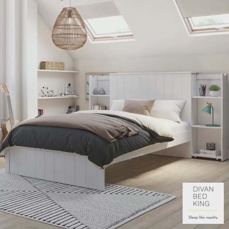 Kira White Storage Wooden Bed with Pull-out Shelves Either Side of Hea ...
