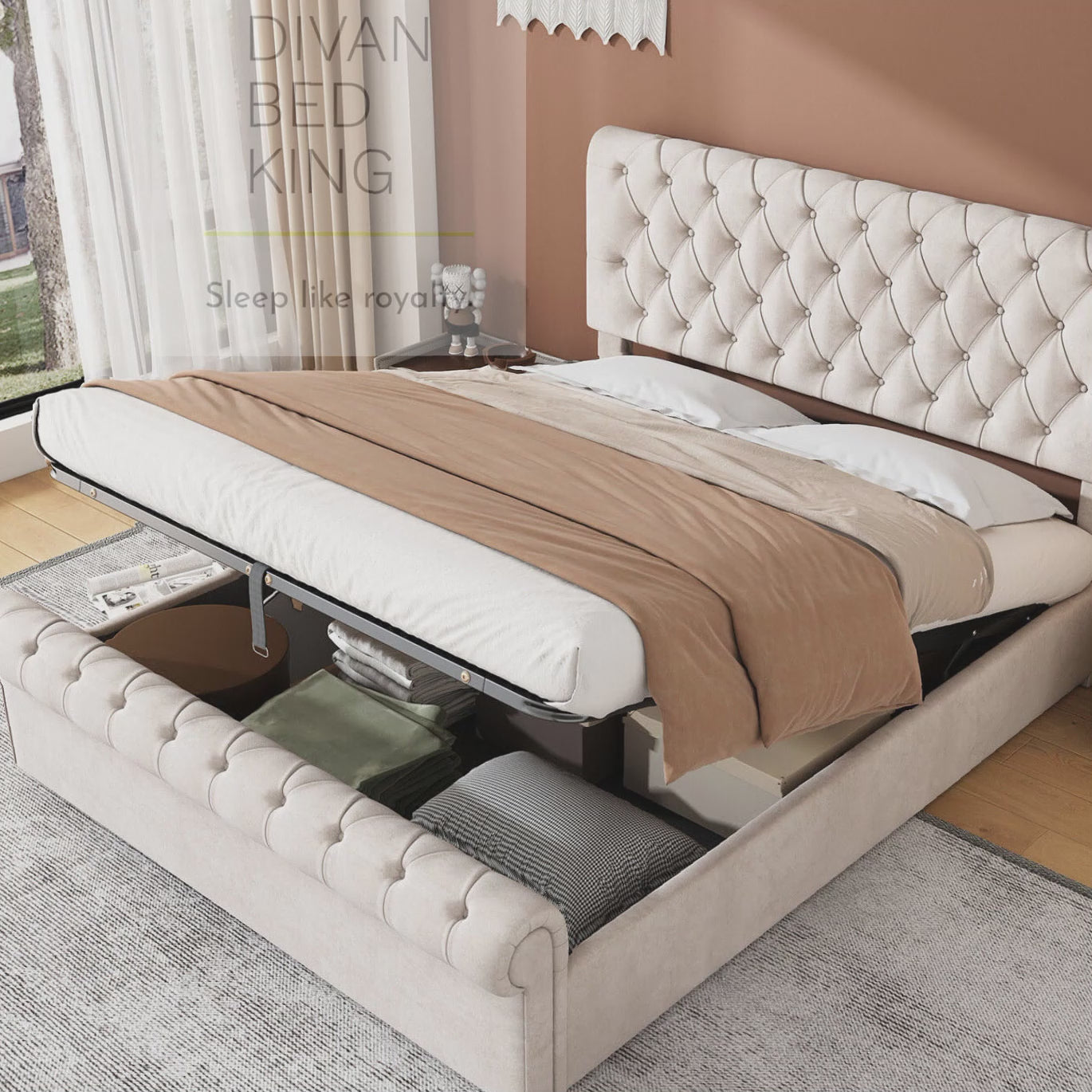 Savannah Cream Beige Plush Velvet Scroll Sleigh Ottoman Storage Bed Fr ...