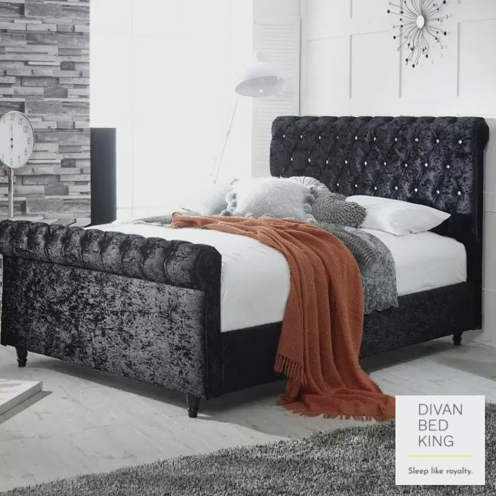 Marietta Sleigh Luxury Storage Fabric Scroll Bed Frame – Divan Bed King