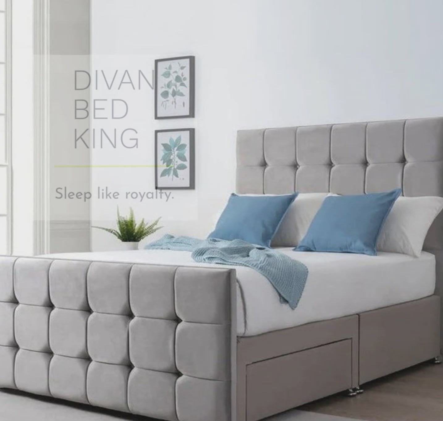 Nolan Divan Bed with Cubed High Floor Standing Headboard and Footboard ...