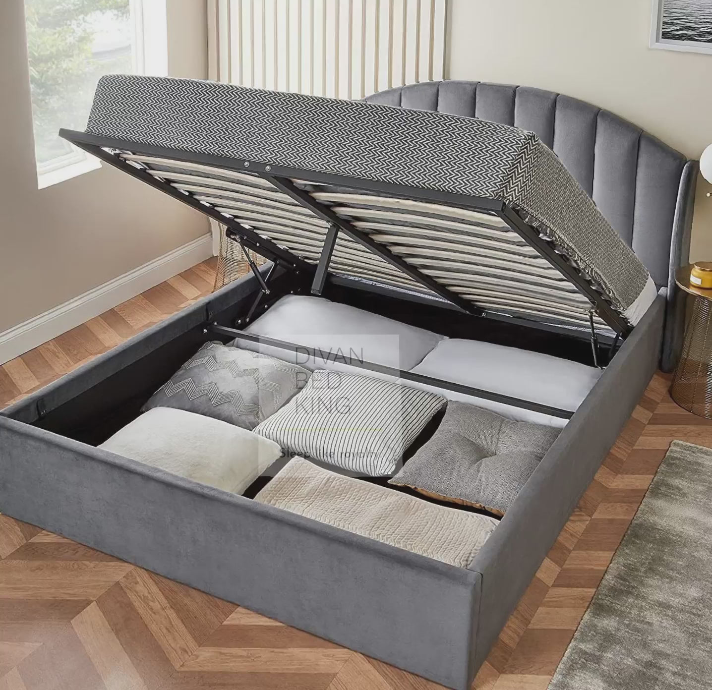 Holden Soft Grey Velvet Ottoman Storage Winged Bed Frame – Divan Bed King