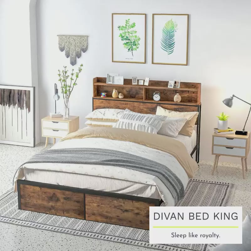 Henry Metal Divan Bed with Headboard Storage, Shelves & Optional Drawe ...